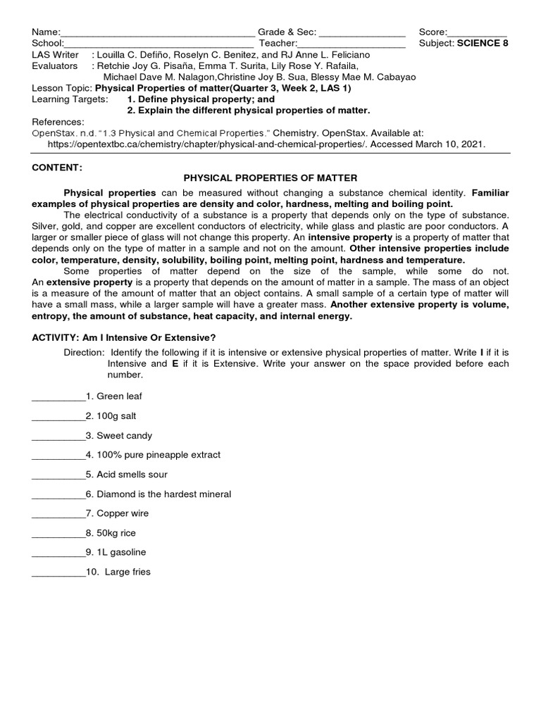 SCIENCE 8 Q3 - WEEK 2 - LAS 1 Physical Properties of Matter | PDF ...