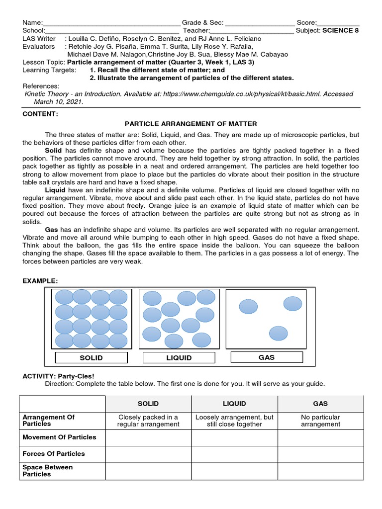 SCIENCE 8 Q3 - WEEK 1 - LAS 3 Particle Arrangement of Matter | PDF ...