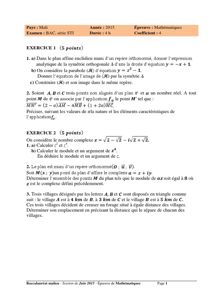 Mathématiques BAC STI 2015 Mali | PDF | Plan (Géométrie) | Nombre complexe