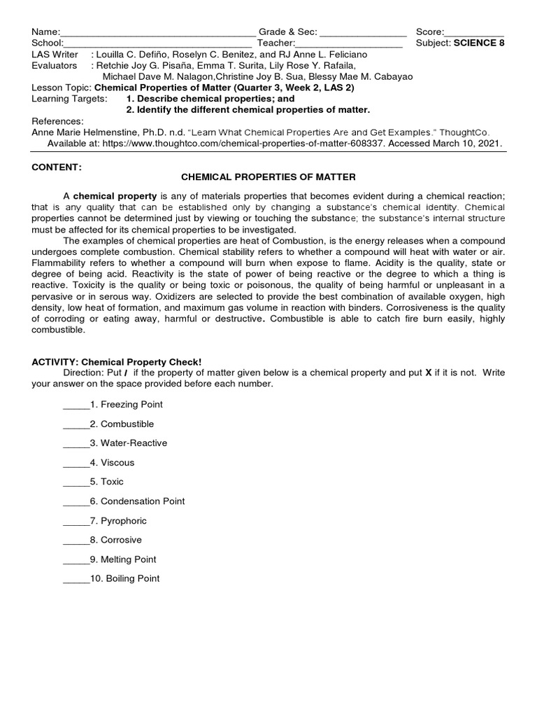 SCIENCE 8 Q3 - WEEK 2 - LAS 2 Chemical Propertiesof Matter | PDF ...