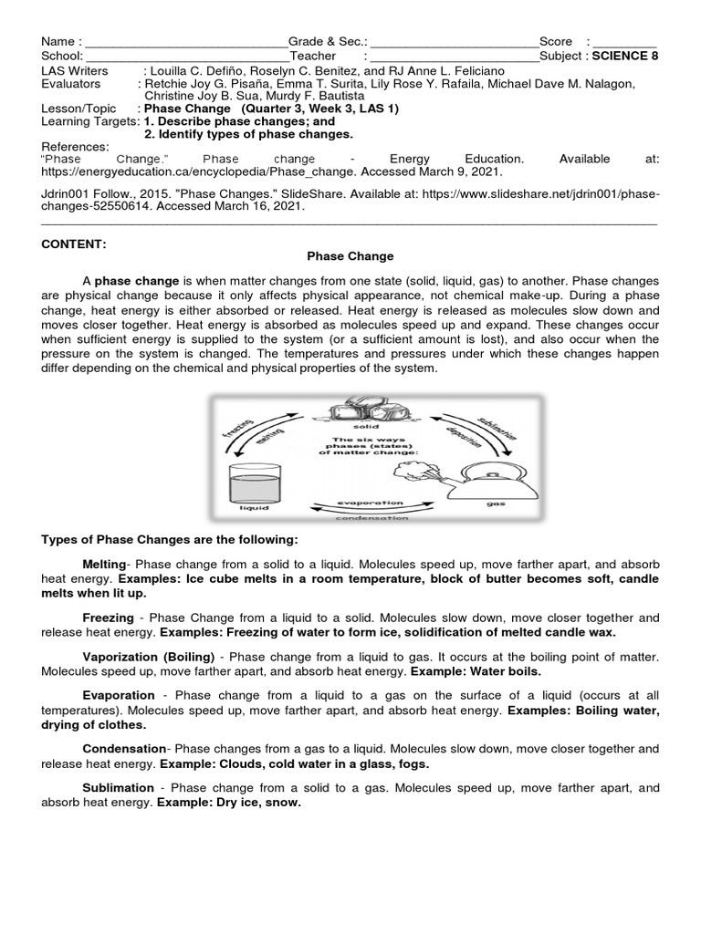 SCIENCE 8 Q3 - WEEK 3 - LAS 1 Phase Change | PDF | Phase (Matter) | Liquids