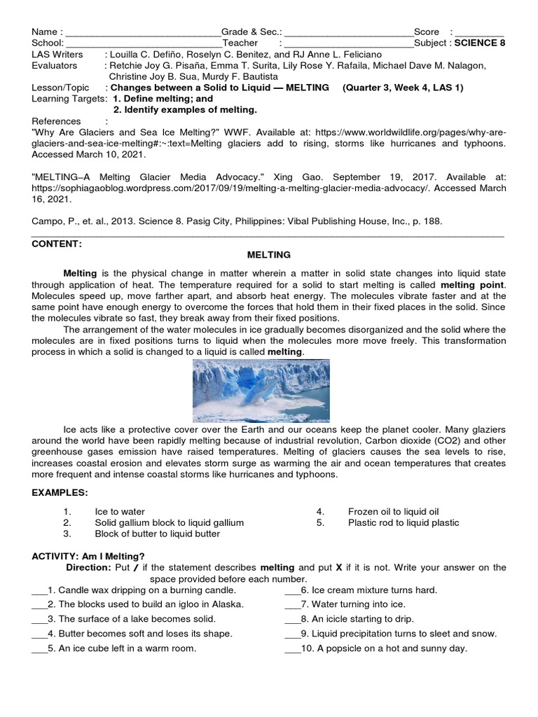 SCIENCE 8 Q3 - WEEK 4 - LAS 1 Melting | PDF | Ice | Oceans