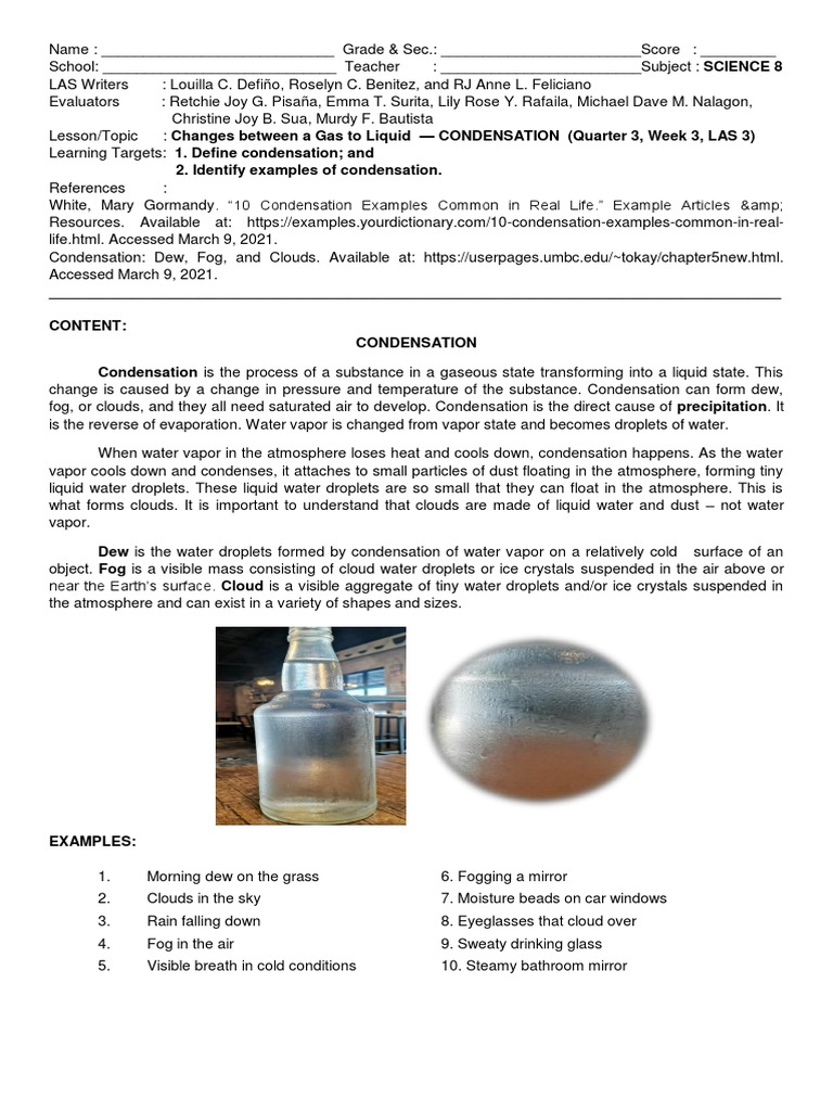 SCIENCE 8 Q3 - WEEK 3 - LAS 3 Condensation | PDF | Condensation | Water ...