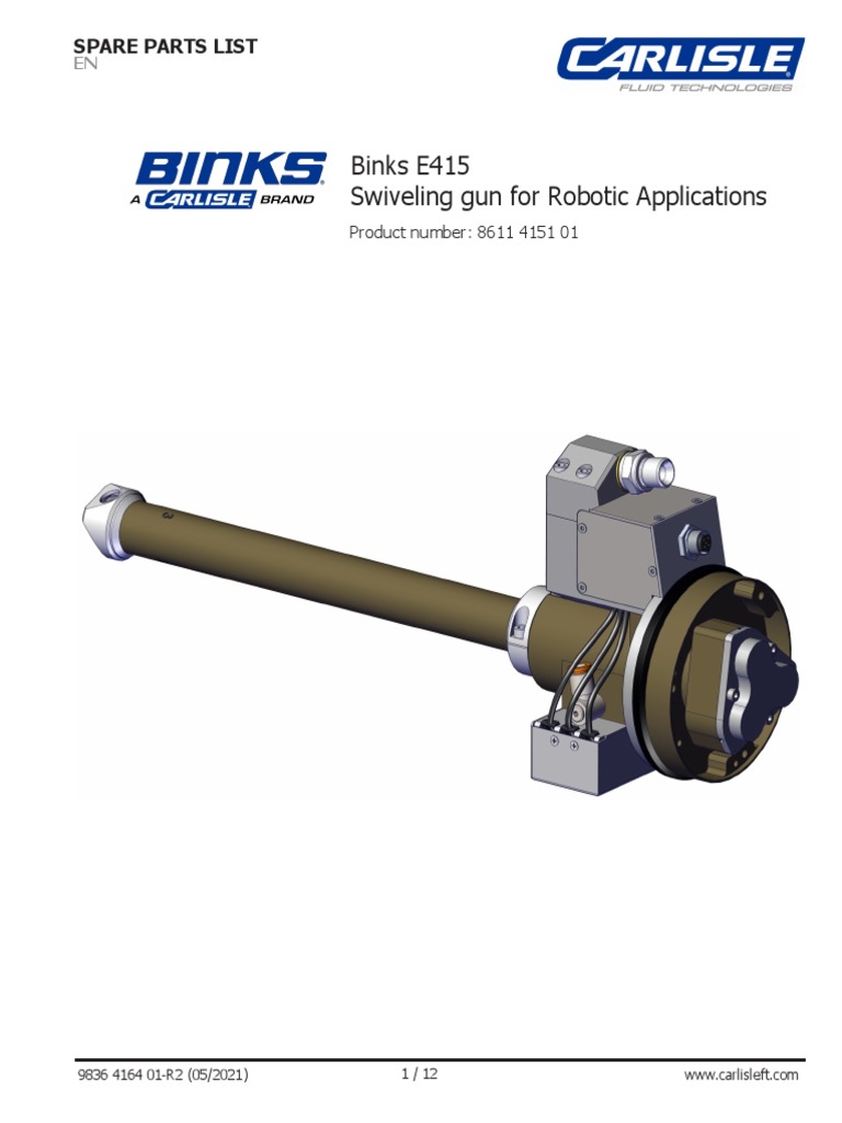Binks E415 Swiveling Gun For Robotic Applications: Spare Parts List ...