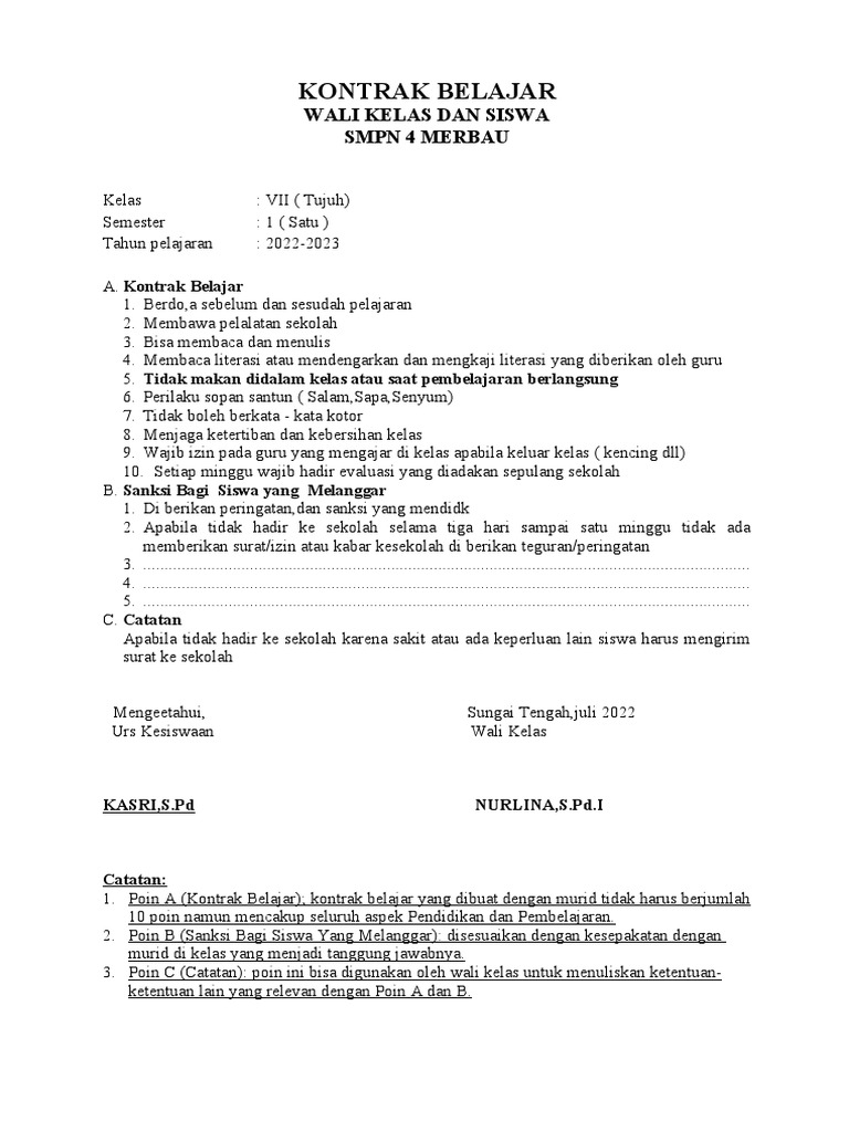 Kontrak Belajar Wali Kelas | PDF