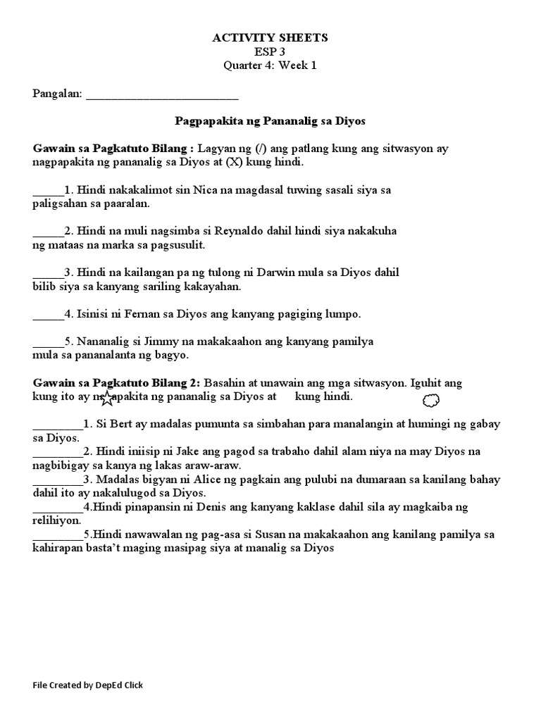 ESP 3 Activity Sheet Q4 W1 | PDF