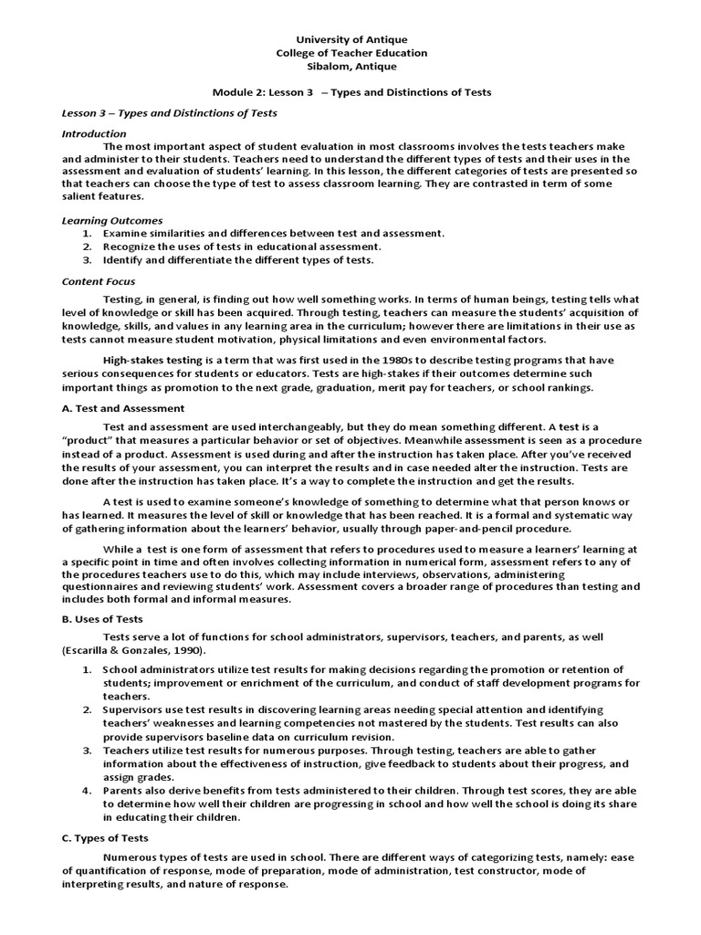 Types and Distinctions of Educational Tests | PDF | Educational ...