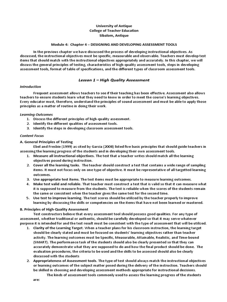 Module 4 CHAPTER 4 DESIGNING AND DEVELOPING ASSESSMENT TOOLS | PDF | Educational Assessment ...