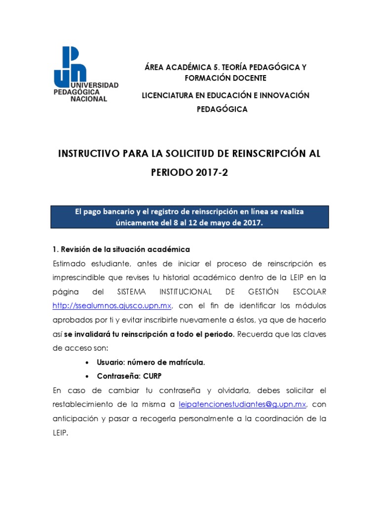 Instructivo Reinscripción LEIP UPN 2017-2 | PDF