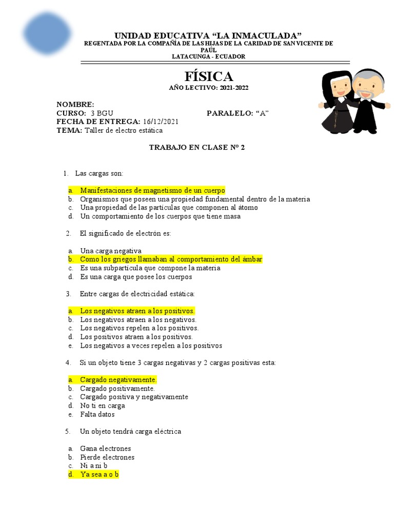 TC02.P2.Taller de Electro Estática | PDF | Carga eléctrica | Electrón