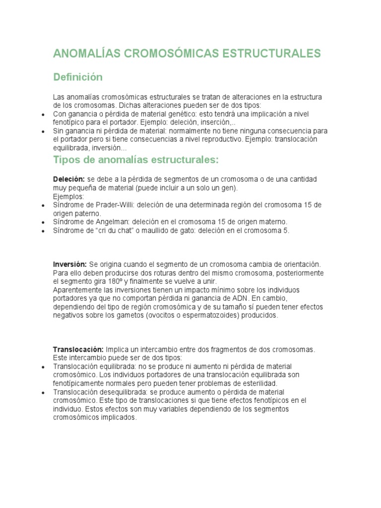 Anomalías Cromosómicas Estructurales | PDF | Genética | Nucleo celular