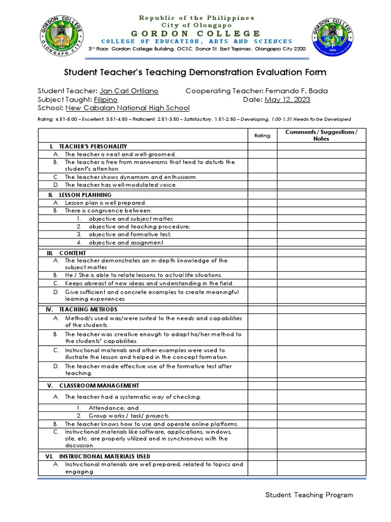 Student Teaching Demo Evaluation Form 2021 1 | PDF | Teachers ...