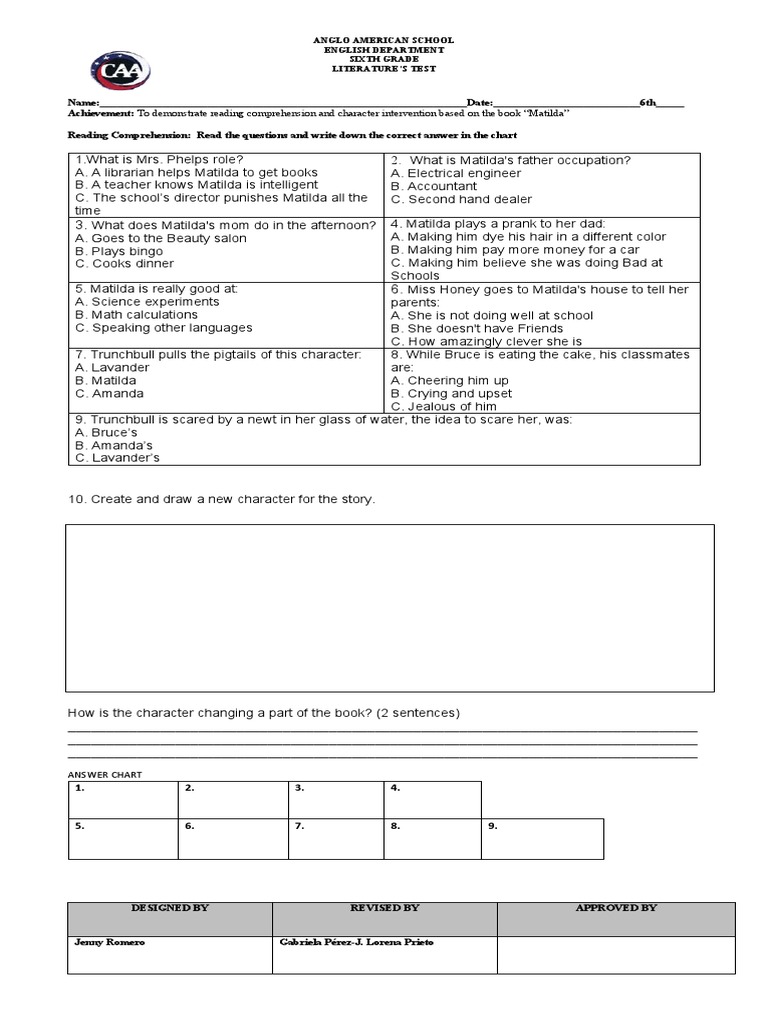 Literature EXAM 6th Grade | PDF