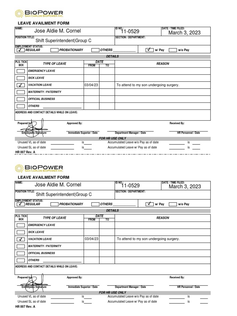 HR 007 Rev A - Leave Availment Form - BLANK1 | PDF | Labor Relations ...