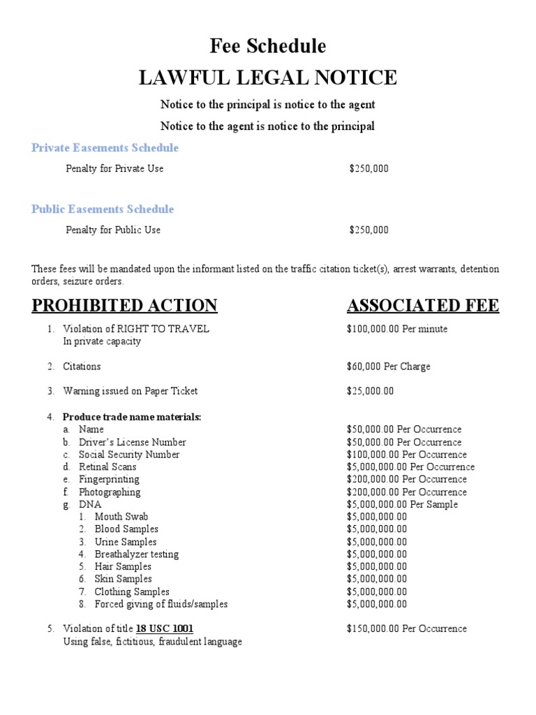 Fee Schedule Lawful Legal Notice: Prohibited Action Associated Fee ...