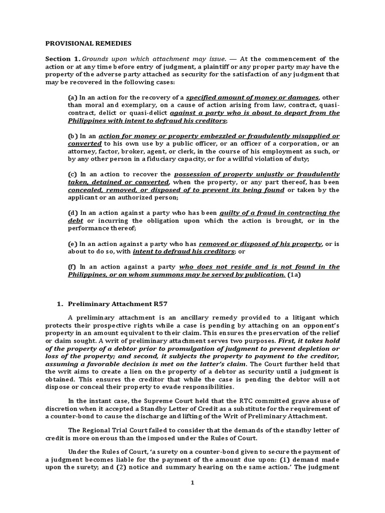 Provisional Remedies: Attachment & Deposit | PDF | Judgment (Law) | Fraud