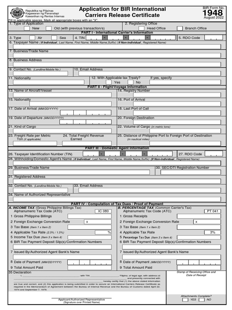 BIR Form No. 1948final | Download Free PDF | Taxes | Cargo