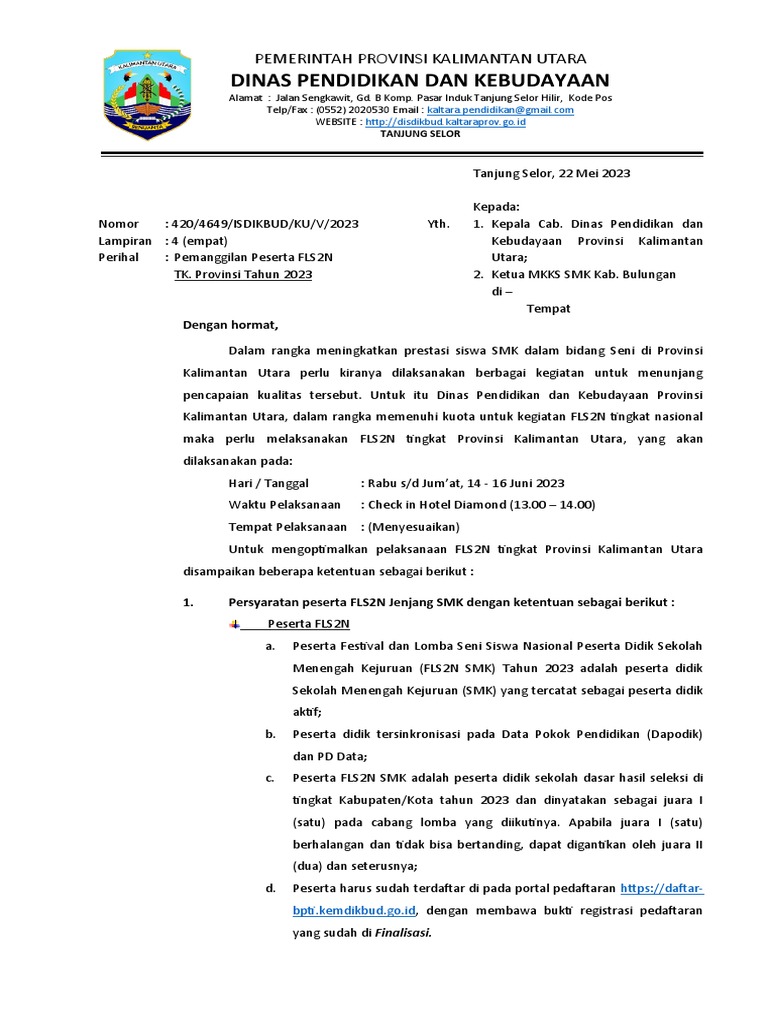 Surat Pemanggilan Peserta Fls2n | PDF