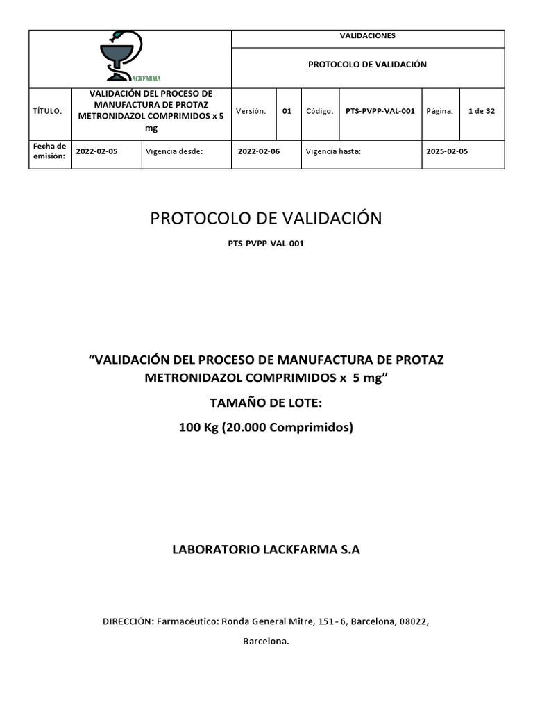 Protocolo de Validación Enviar Latfar | PDF | Calidad (comercial) | Farmacéutico
