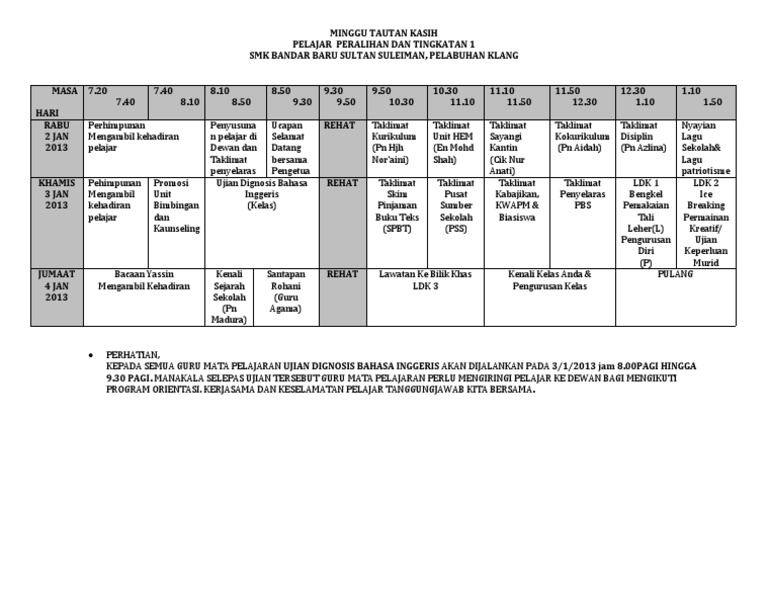 JADUAL MINGGU Orientasi | PDF