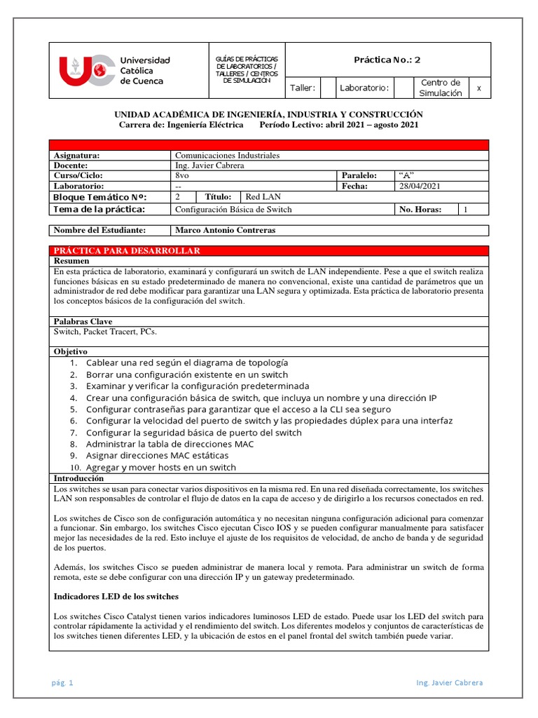 Práctica 2 - Configuración Básica de Switch | PDF | Conmutador de red | Dirección IP