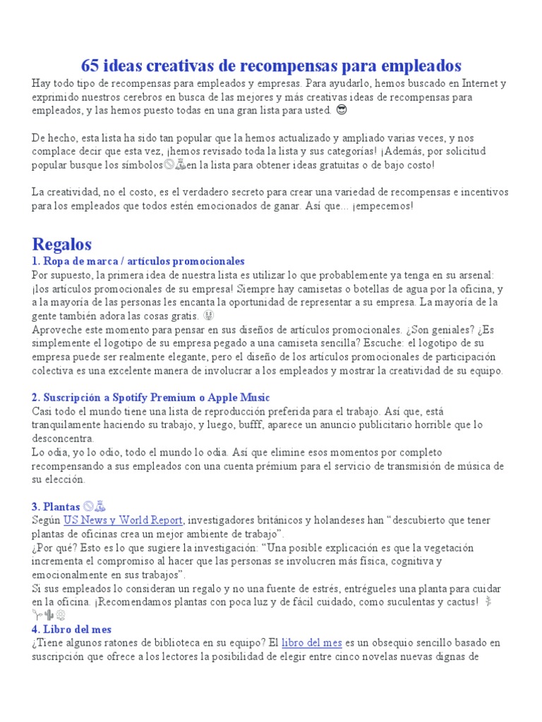 65 Ideas Creativas de Recompensas para Empleados | PDF | café