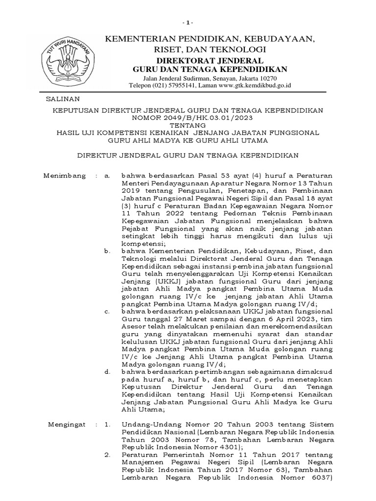 Salinan Kepdirjen Tentang Hasil Uji Kompetensi Guru Ahli Madya Ke Ahli ...