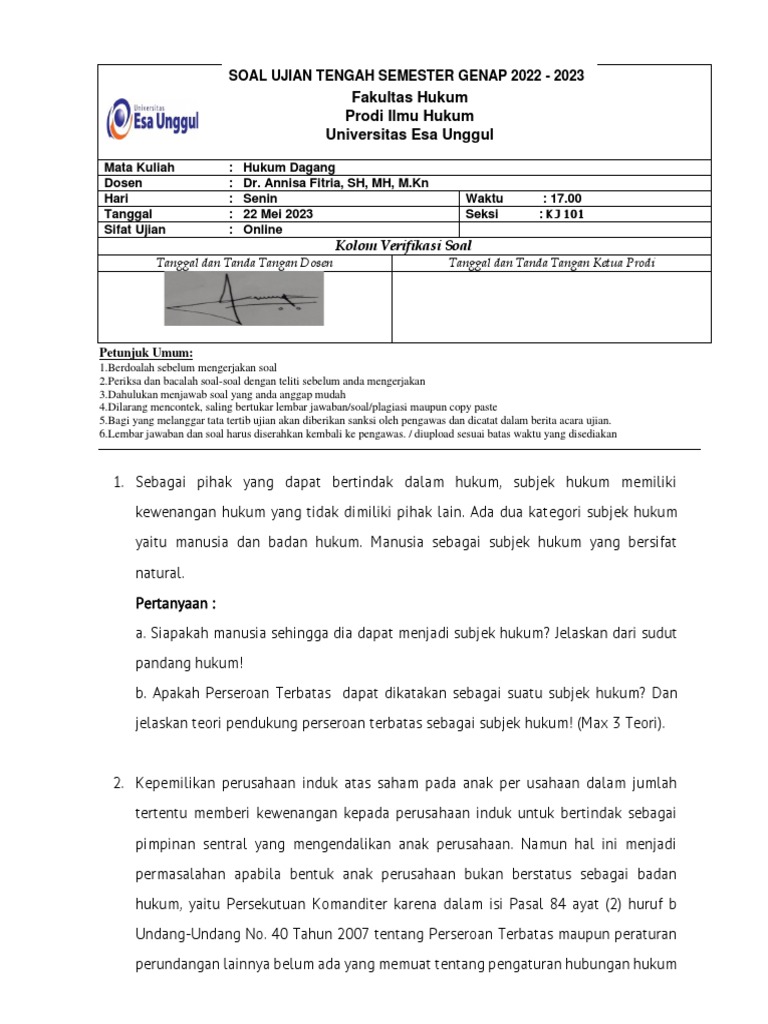 Soal UTS Hukum Dagang 2023 | PDF