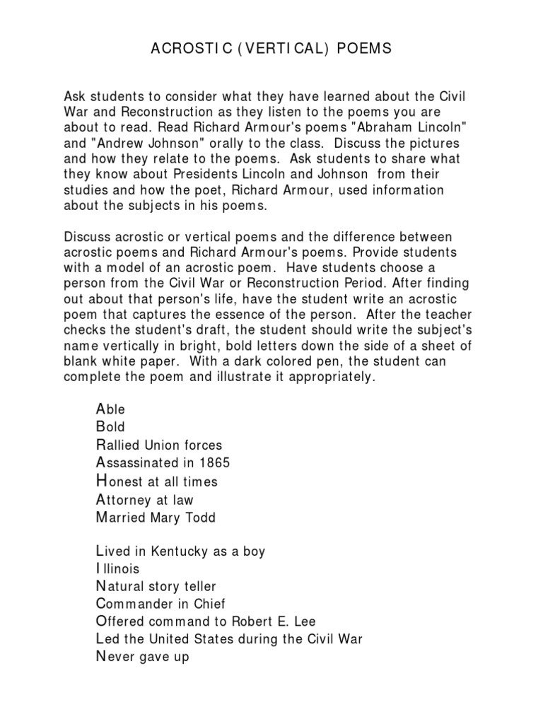 Civil War Acrostic Poetry Activity | PDF | General Fiction