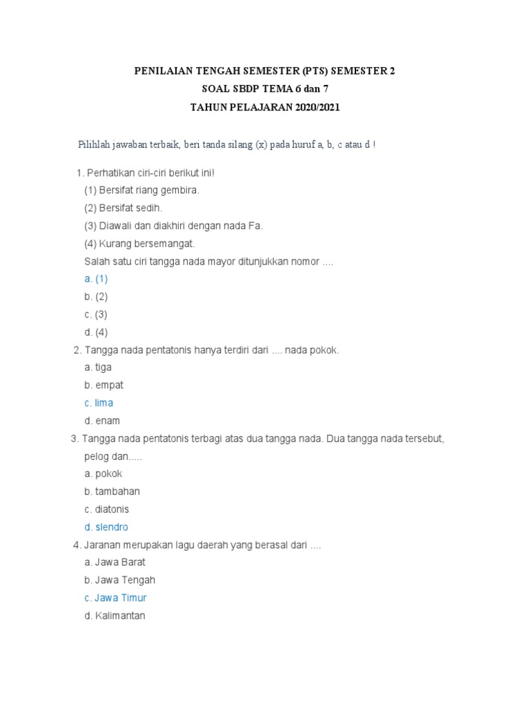 Soal PTS SBDP Semester 2 Kelas 5 | PDF Soal PTS SBDP Semester 2 Kelas 5 | PDF