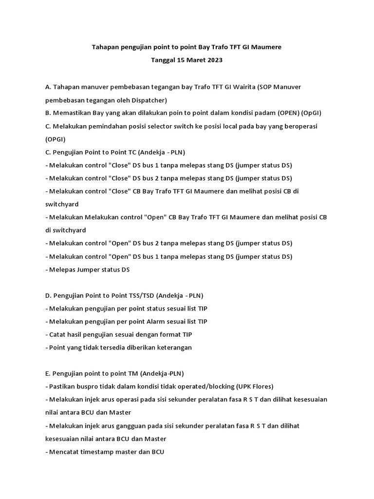 Tahapan Pengujian Point To Point Bay Trafo TFT GI Maumere | PDF
