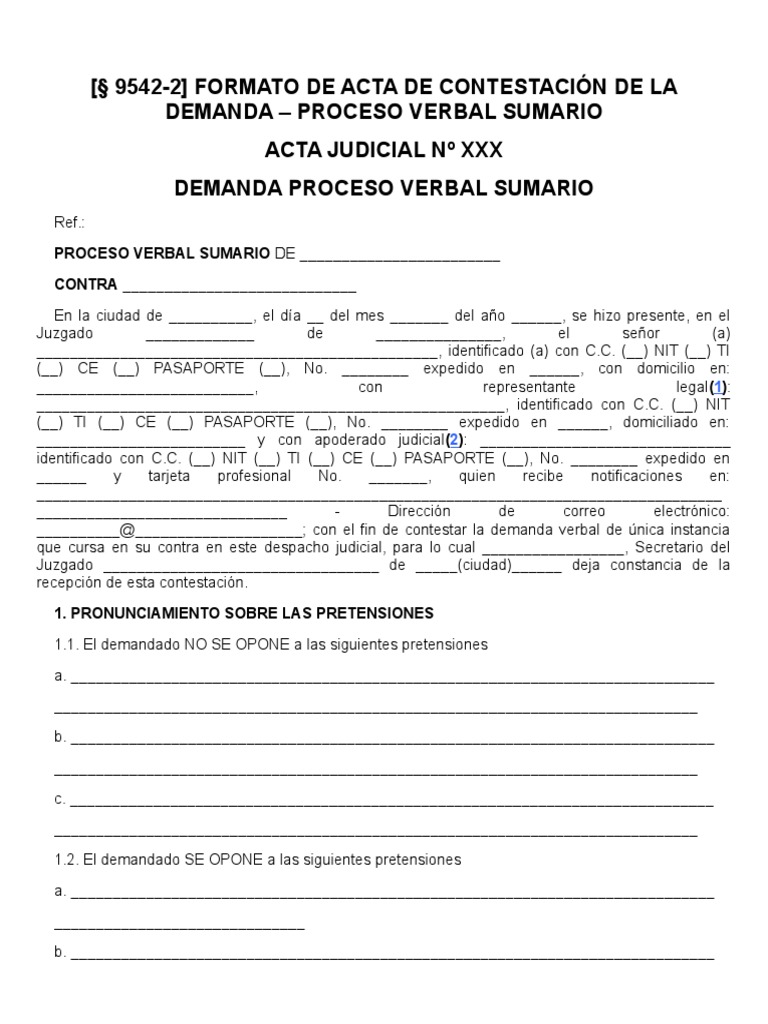 Formato De Acta De Contestación De La Demanda Pr Rtf 469 Pdf