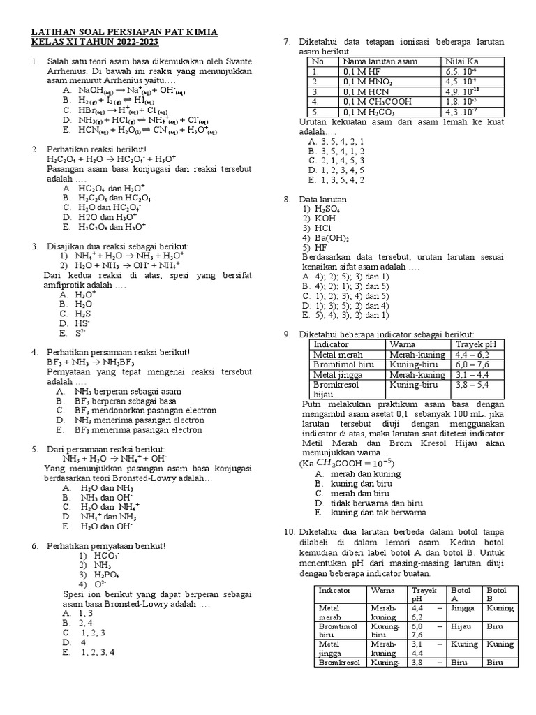 Latihan Soal Pat Kelas Xi 2022-2023 - Kunci | PDF | Sains & Matematika