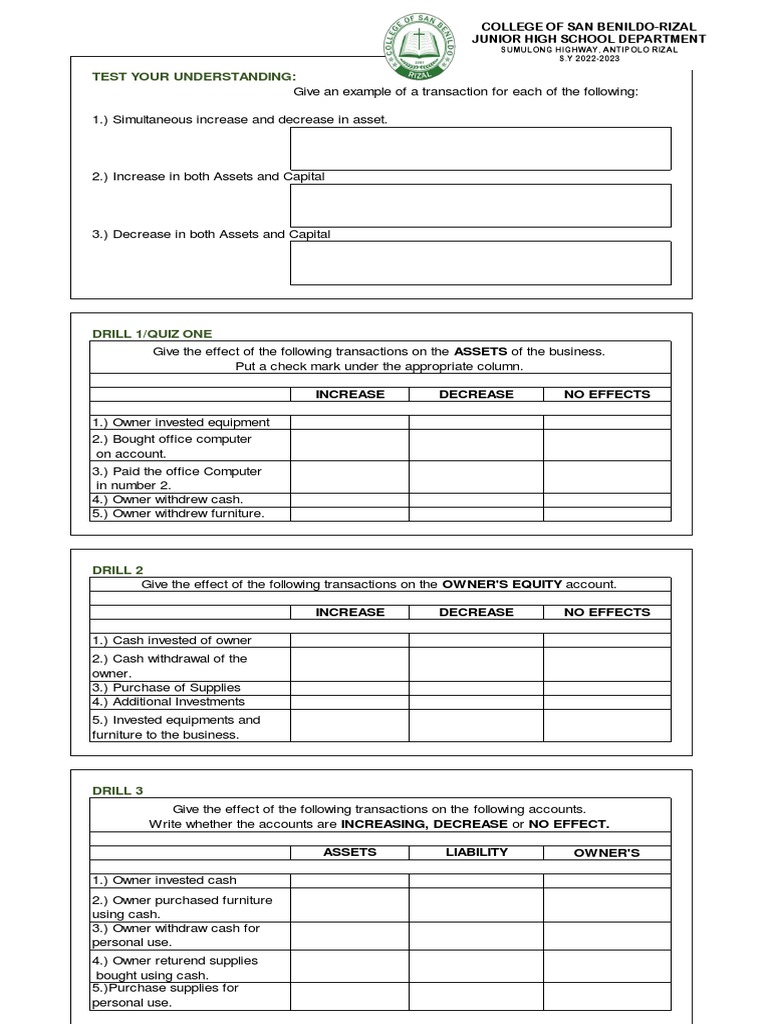 Journalzing Worksheet 1 | PDF | Debits And Credits | Equity (Finance)