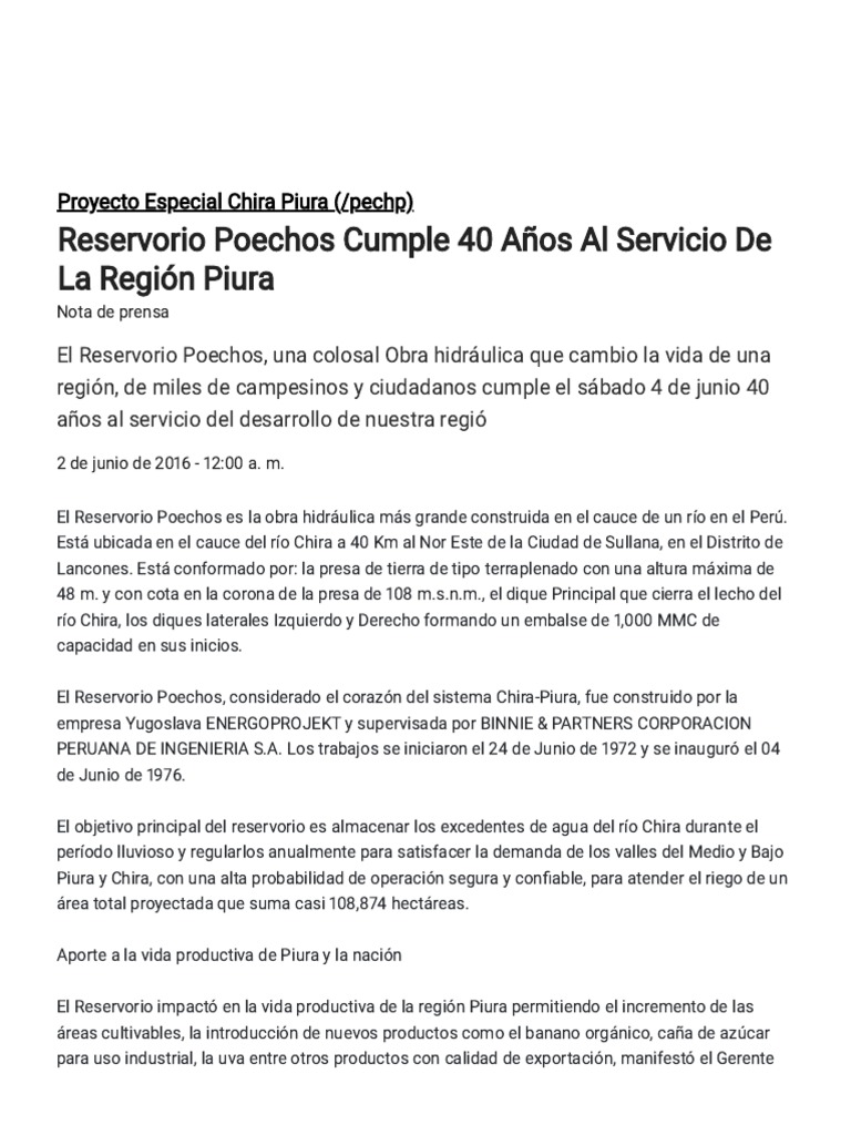 Reservorio Poechos Cumple 40 Años Al Servicio de La Región Piura ...