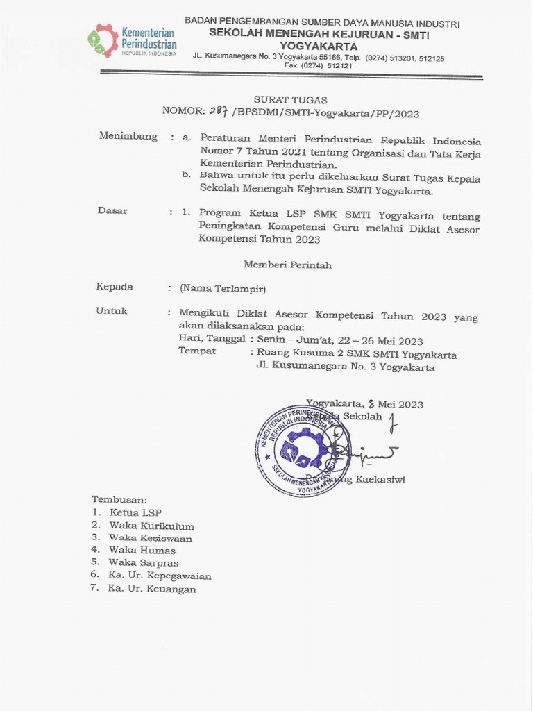 287 Surat Tugas Diklat Asesor Kompetensi Tahun 2023 | PDF