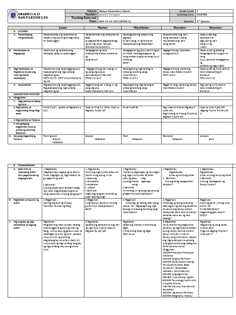 Grade 5 DLL FILIPINO 5 Q4 Week 3 | PDF