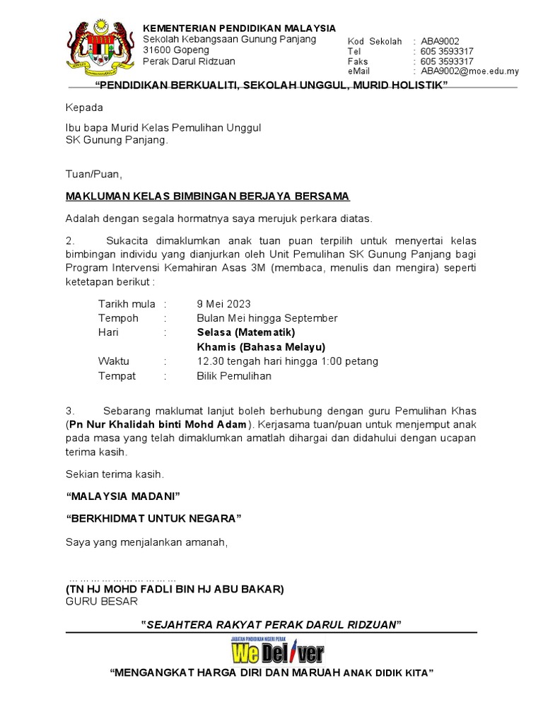 Surat Kelas Bimbingan Berjaya Bersama | PDF