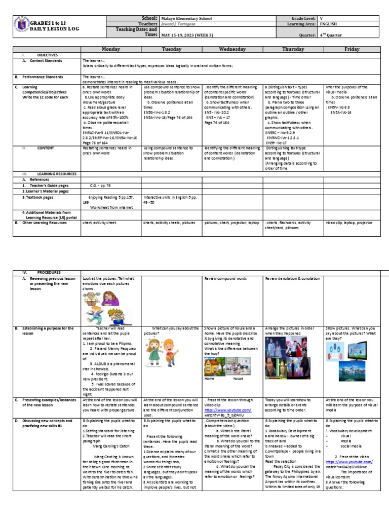 Grade 5 English Lesson Plan | PDF | Reading Comprehension | Cognition