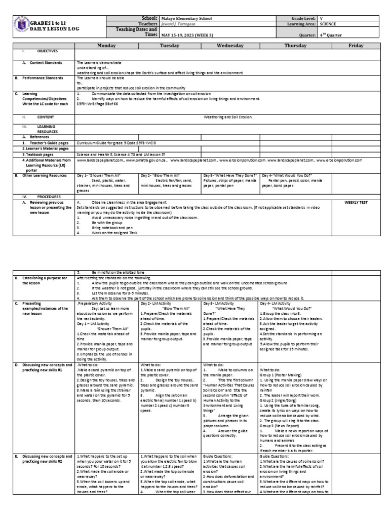 Grade 5 DLL SCIENCE 5 Q4 Week 3 | PDF | Erosion | Soil