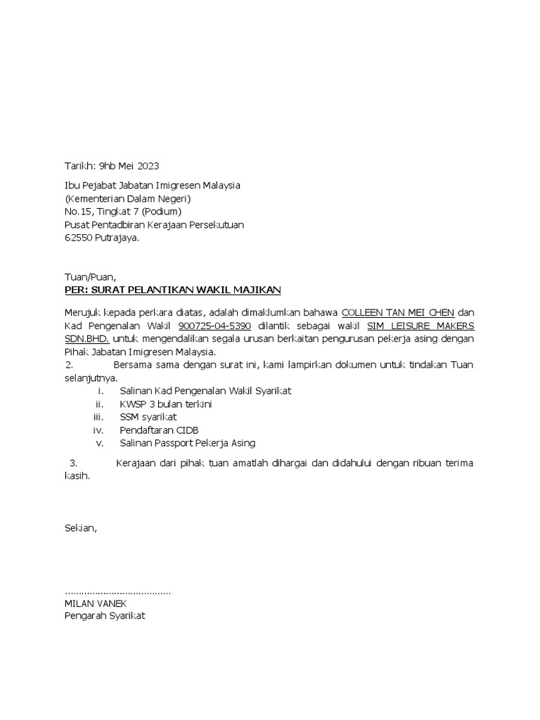 Surat Wakil Majikan | PDF