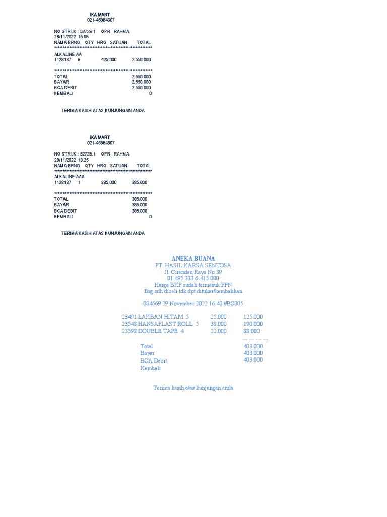 Struk Belanja IKA Mart & Aneka Buana | PDF