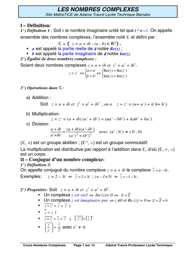 0Cmplx Cours-Exo | PDF | Nombre complexe | Arithmétique