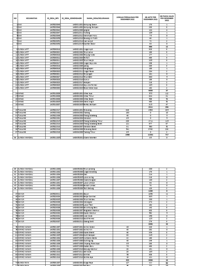 Data Persalinan Data KB Perdesa Per Desember 2022 Komulatif | PDF