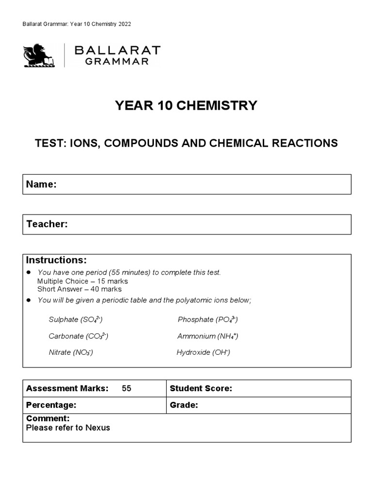 Year 10 Chemistry Test: Ions & Reactions | PDF | Chemical Compounds ...
