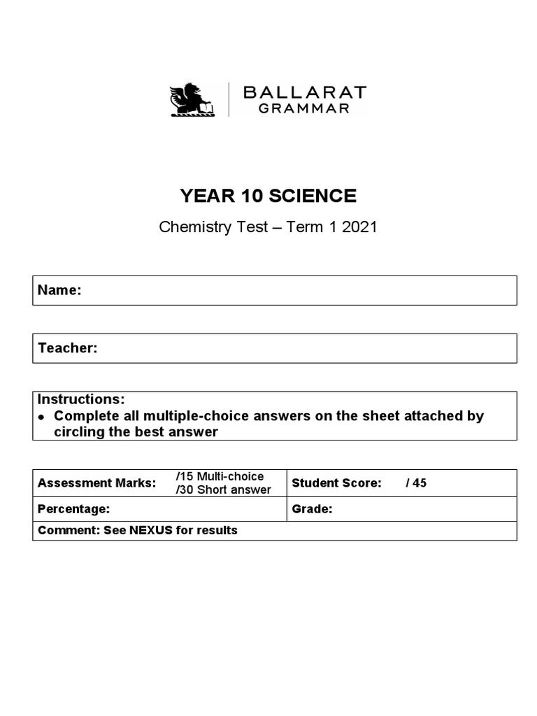 Year 10 Bonding and Chemical Equations Topic Test 2021 Modified | PDF ...