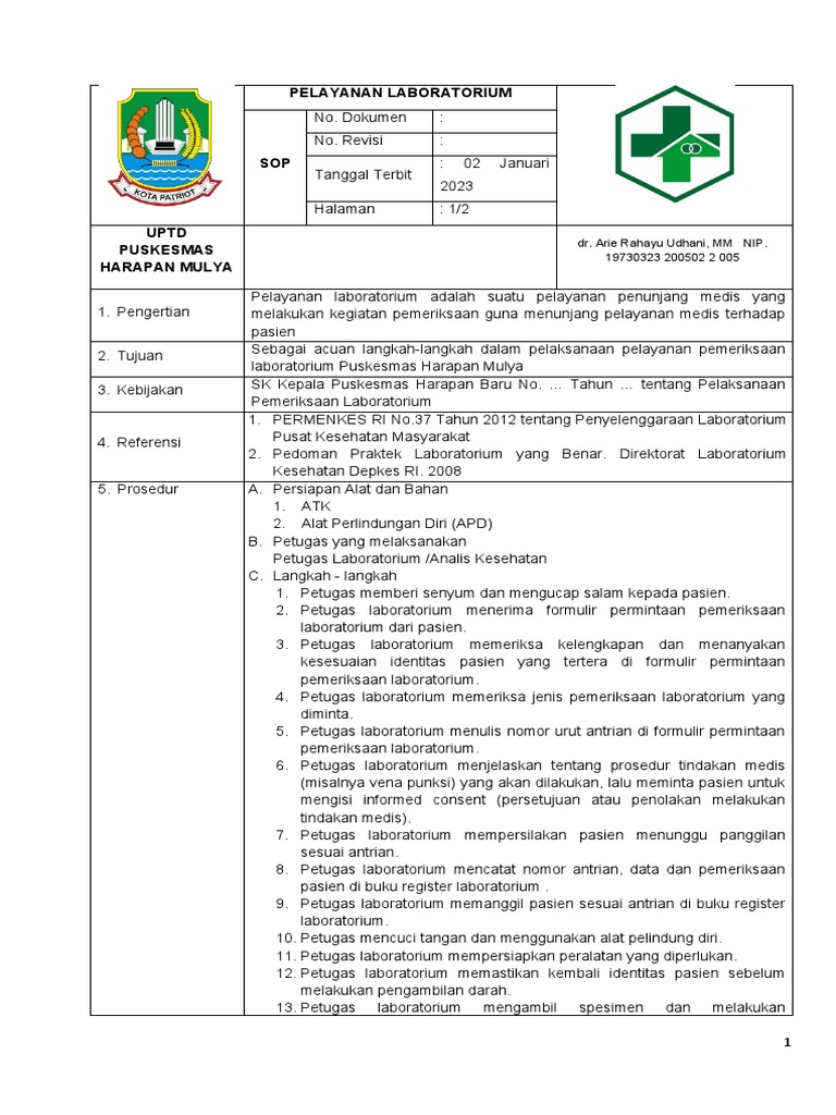 Sop Pelayanan Laboratorium | PDF