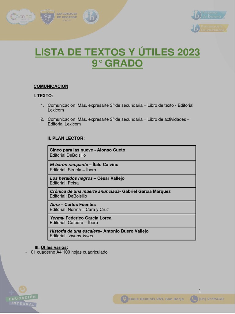 Lista de Útiles 2023 9NO. GRADO | PDF