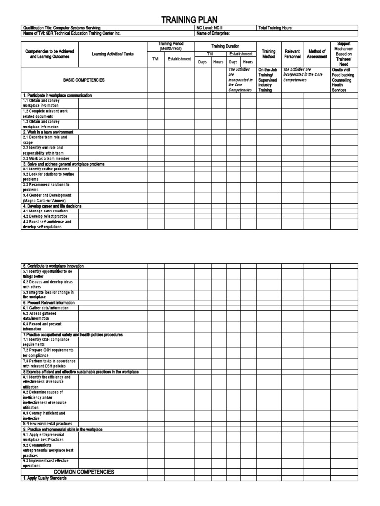 SIL TRAINING PLAN - SBR Technical Education Training Center Inc. CSS NC II | PDF | Computer ...