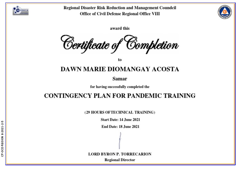 Certificate Contingency Plan For Pandemic | PDF